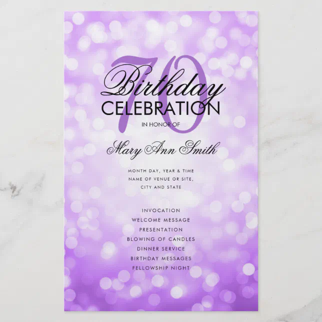 70th Birthday Program Lights Purple w/ Menu Flyer | Zazzle