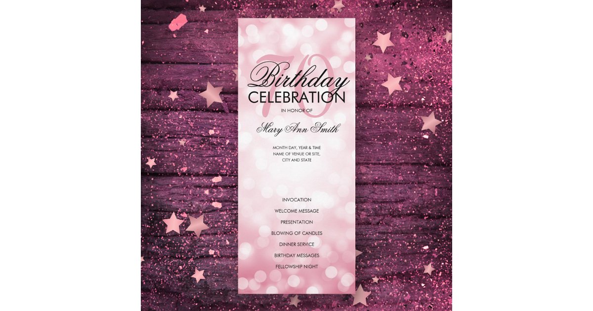 70th Birthday Program Lights Rose Gold Menu | Zazzle