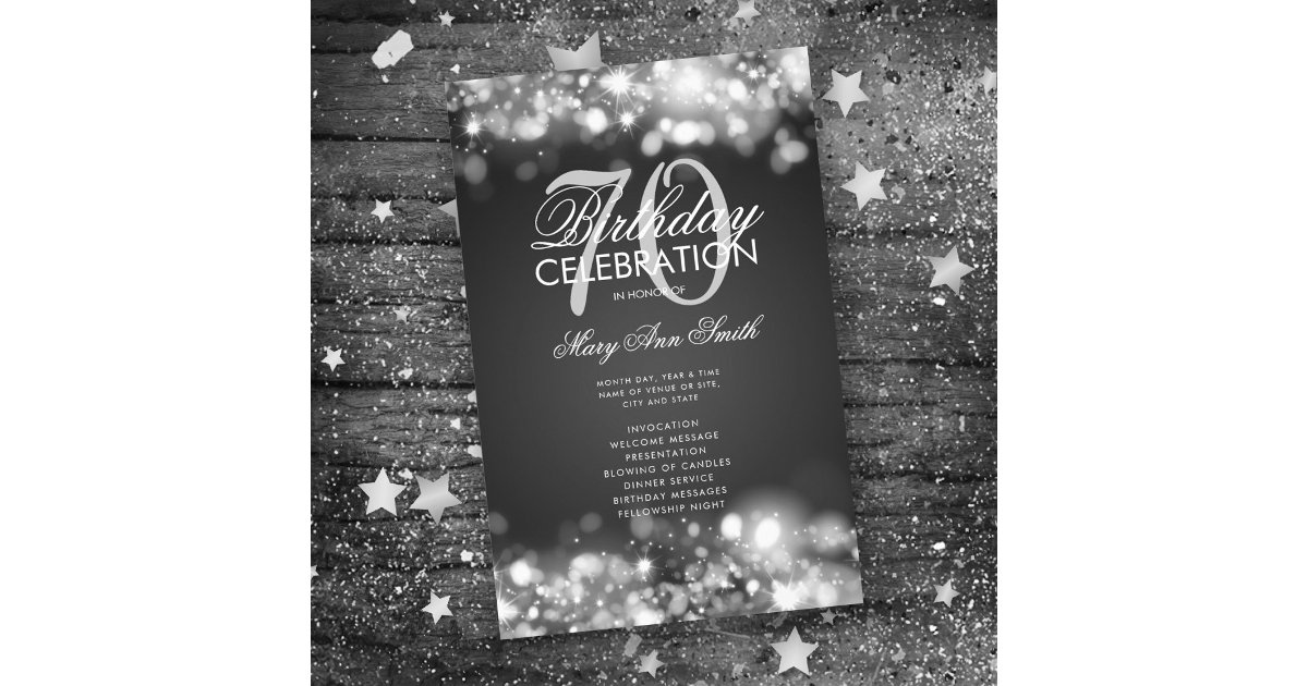 70th Birthday Program Lights Silver Menu Flyer | Zazzle