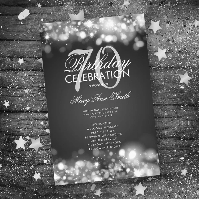 70th Birthday Program Lights Silver Menu Flyer | Zazzle