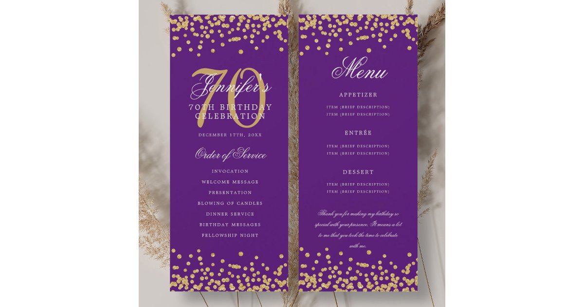 70th Birthday Program Menu Thank You Gold Purple | Zazzle