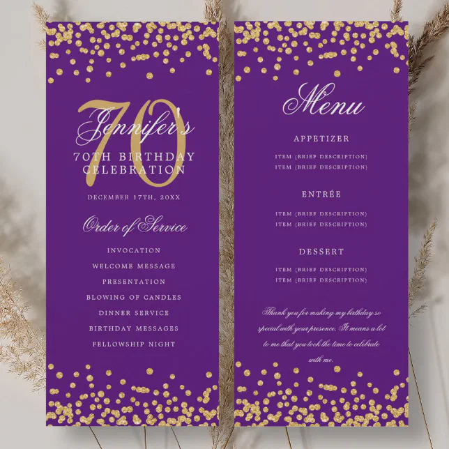 70th Birthday Program Menu Thank You Gold Purple | Zazzle