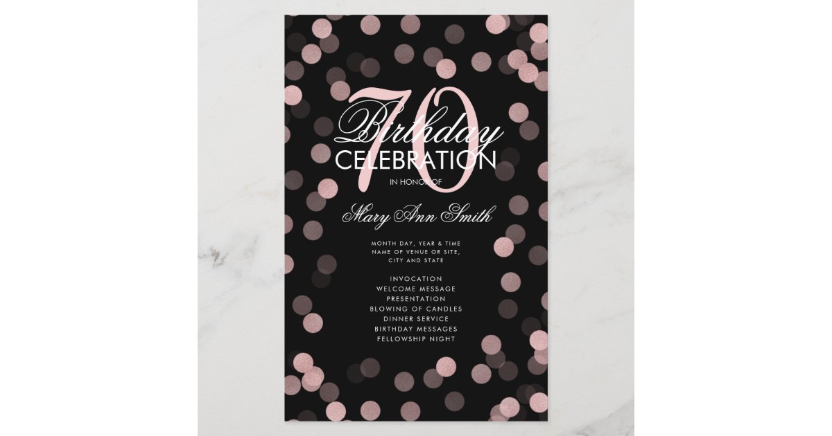70th Birthday Program Rose Gold Confetti w/ Menu | Zazzle