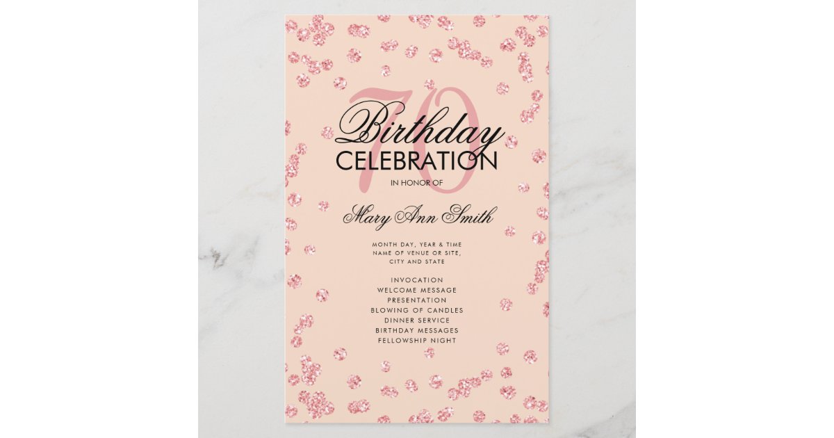 70th Birthday Program Rose Gold Glitter Menu Blush | Zazzle