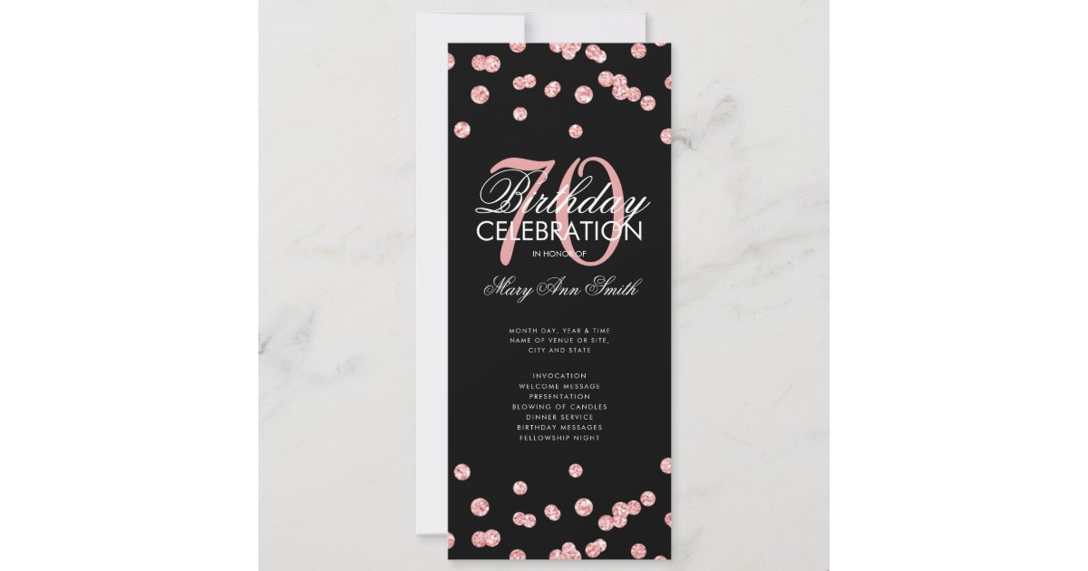 70th Birthday Program Rose Gold Glitter w/ Menu | Zazzle