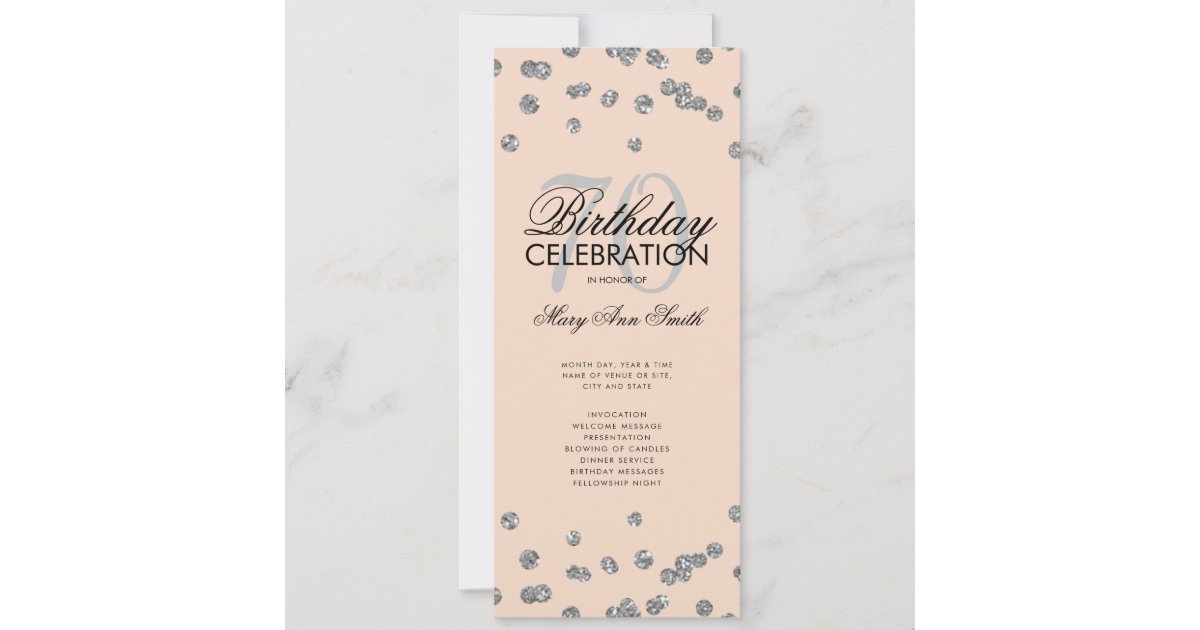 70th Birthday Program Silver Glitter w/ Menu Blush | Zazzle