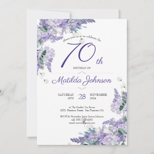 70th Birthday Purple Floral Wisteria Botanical Inv Invitation | Zazzle