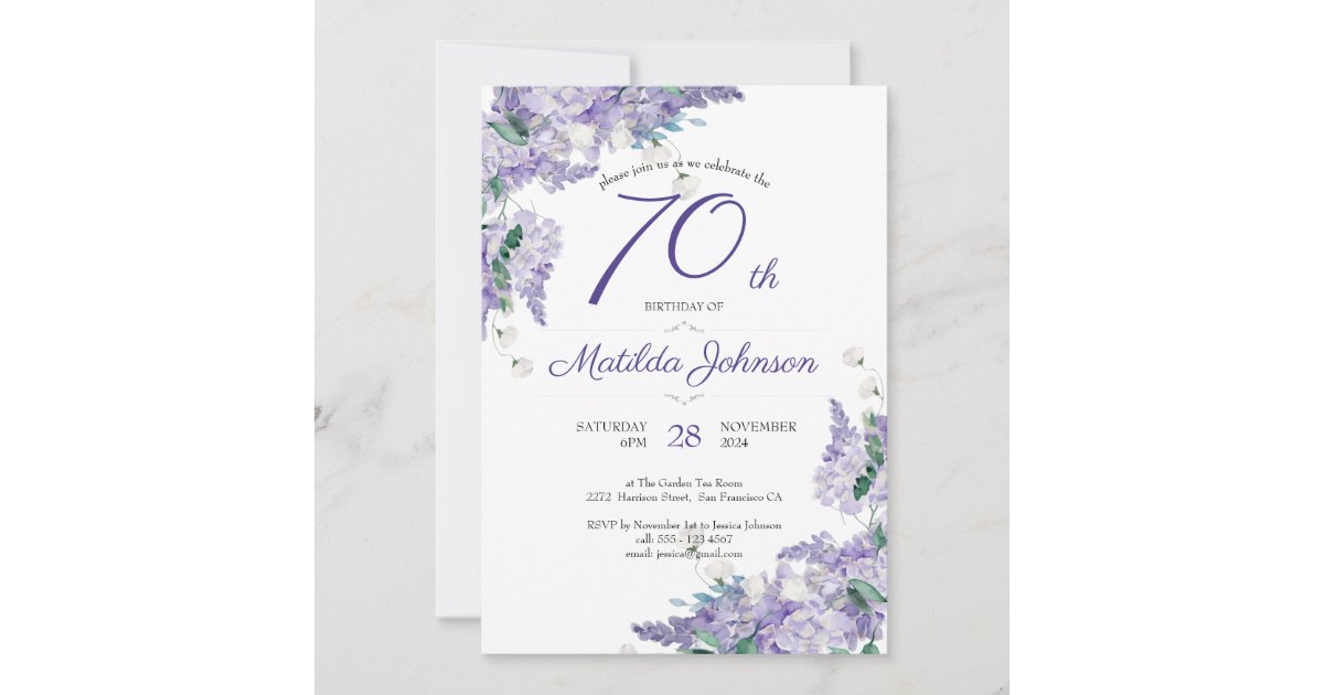 70th Birthday Purple Floral Wisteria Botanical Inv Invitation | Zazzle