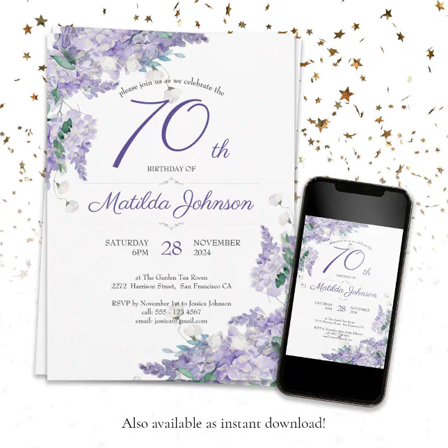 70th Birthday Purple Floral Wisteria Botanical Inv Invitation | Zazzle