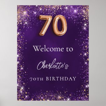70th birthday purple glitter sparkles welcome poster | Zazzle