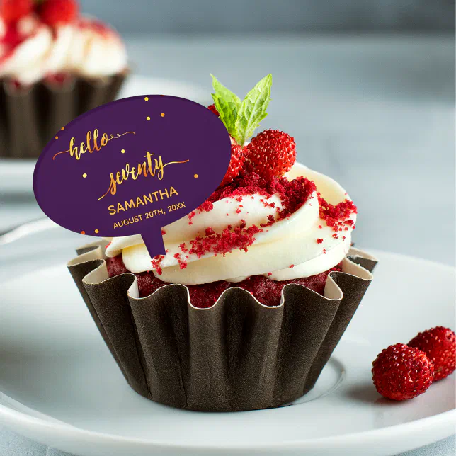 70th birthday purple gold hello 70 name script cake topper | Zazzle