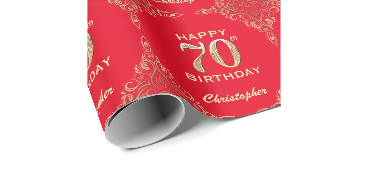 70th Birthday Red and Gold Glitter Frame Wrapping Paper | Zazzle