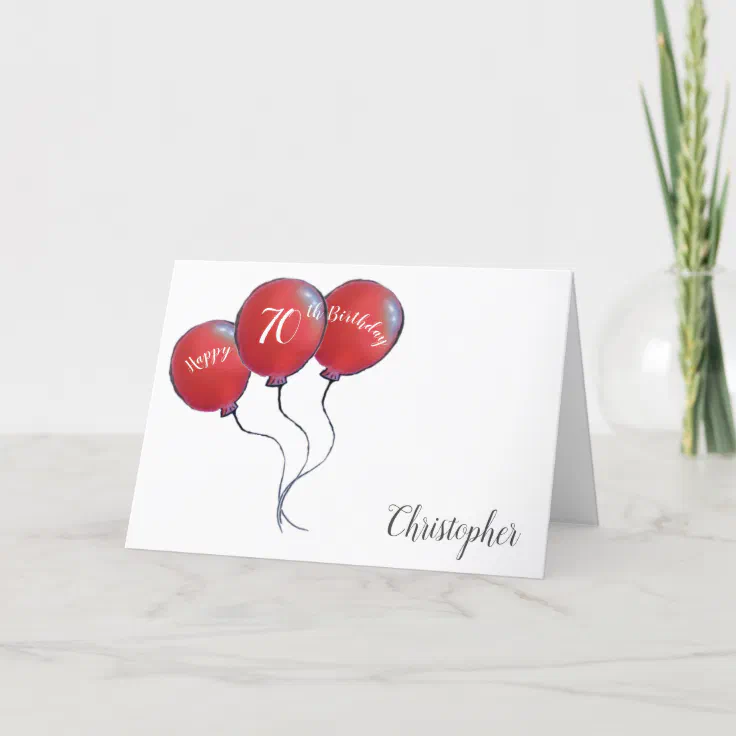 70th birthday red balloon holiday card | Zazzle