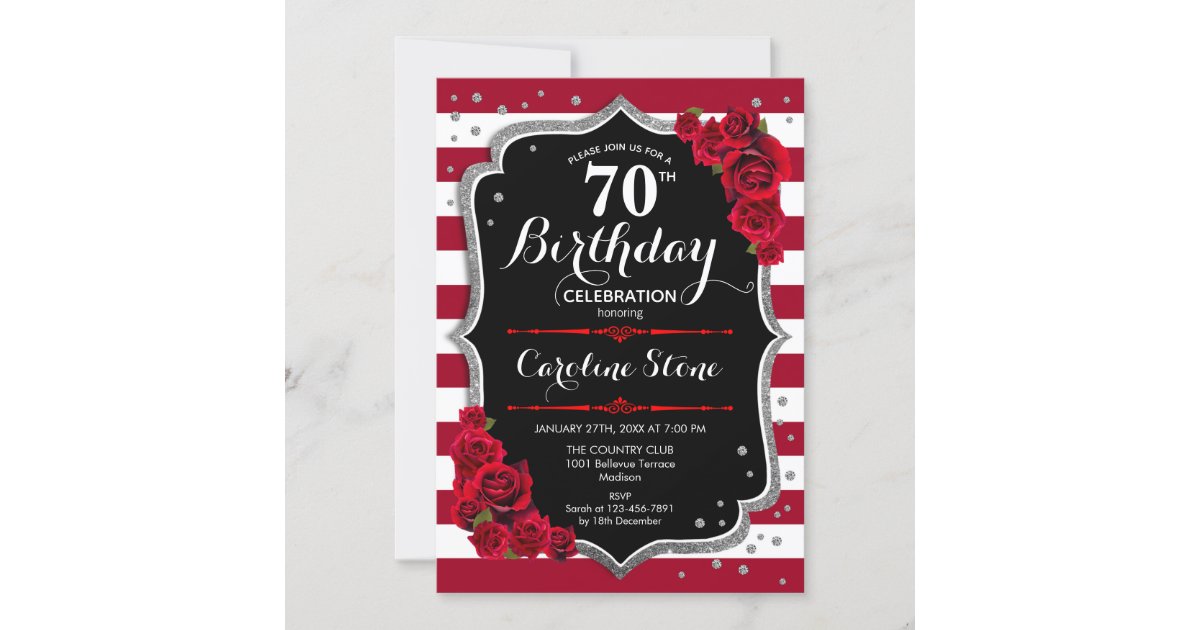 70th Birthday - Red Silver Black W Stripes Roses Invitation | Zazzle