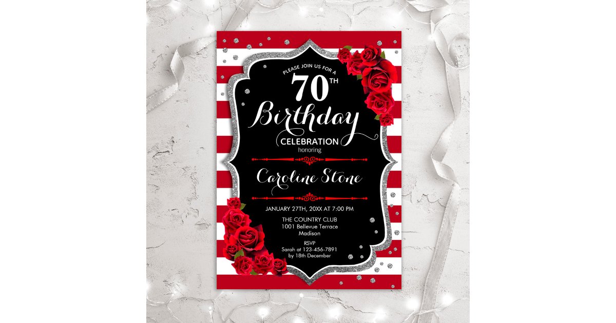 70th Birthday - Red Silver Black W Stripes Roses Invitation | Zazzle