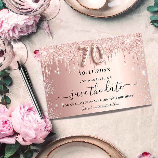70th birthday rose glitter save the date | Zazzle