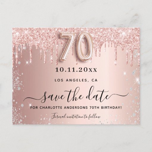 70th birthday rose glitter save the date announcement postcard | Zazzle