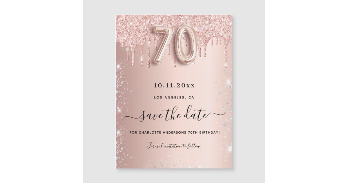 70th birthday rose glitter save the date magnet | Zazzle