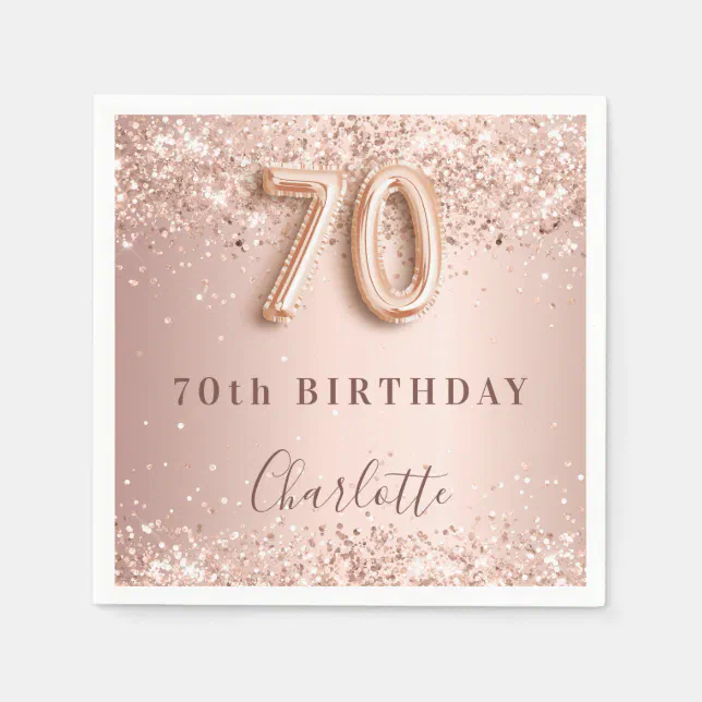 70th birthday rose gold blush glitter name napkins | Zazzle