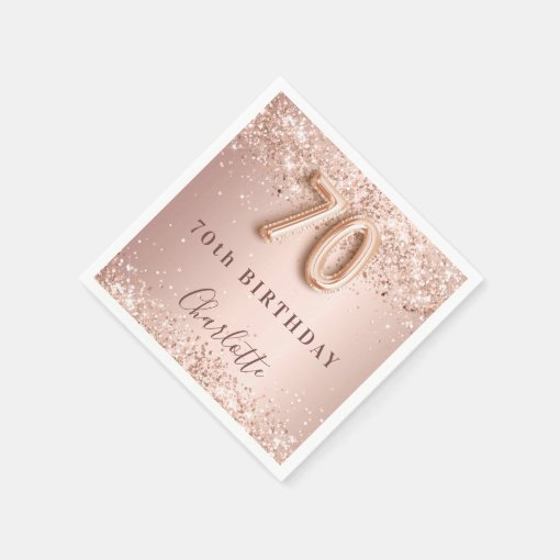70th birthday rose gold blush glitter name napkins | Zazzle