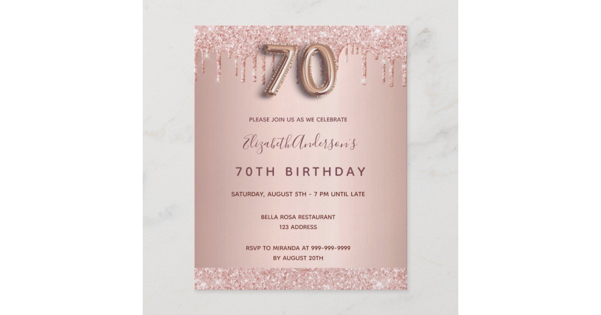 70th Birthday Rose Gold Glitter Budget Invitation Flyer Zazzle