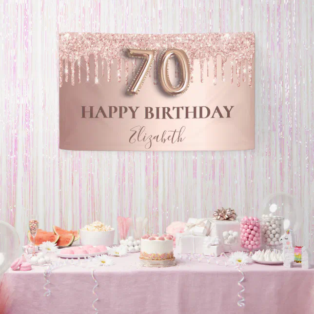 70th birthday rose gold glitter pink balloon style banner | Zazzle
