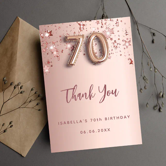 70th birthday rose gold pink stars thank you card | Zazzle