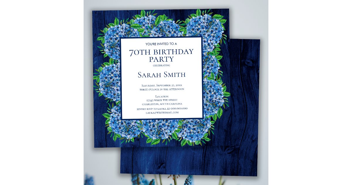 70th Birthday Rustic Wood Blue Hydrangeas Party Invitation | Zazzle