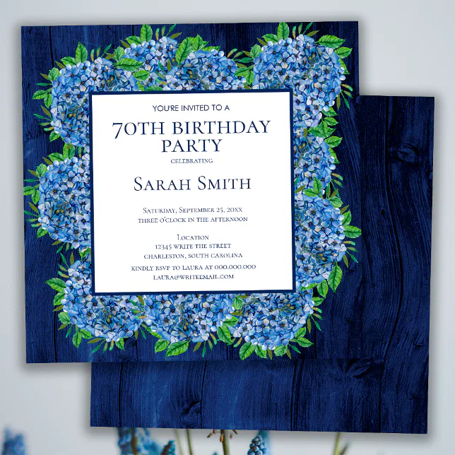 70th Birthday Rustic Wood Blue Hydrangeas Party Invitation | Zazzle