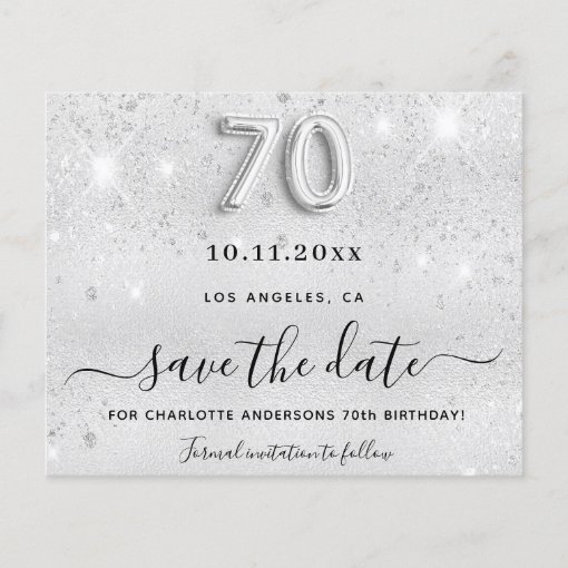 70th birthday silver glitter budget save the date flyer | Zazzle