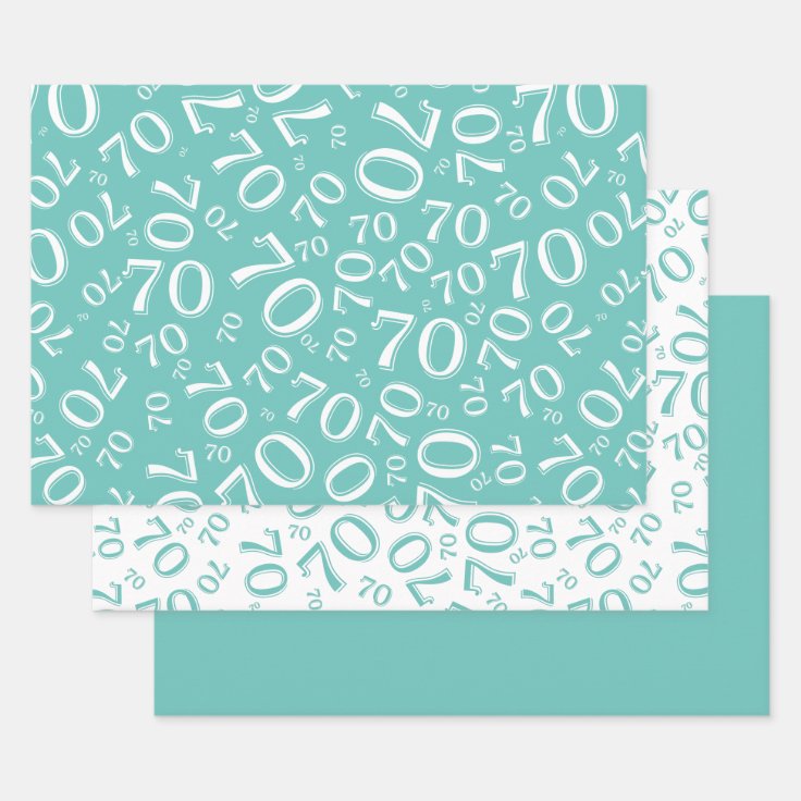 70th Birthday Teal & White Number Pattern 70 Wrapping Paper Sheets | Zazzle