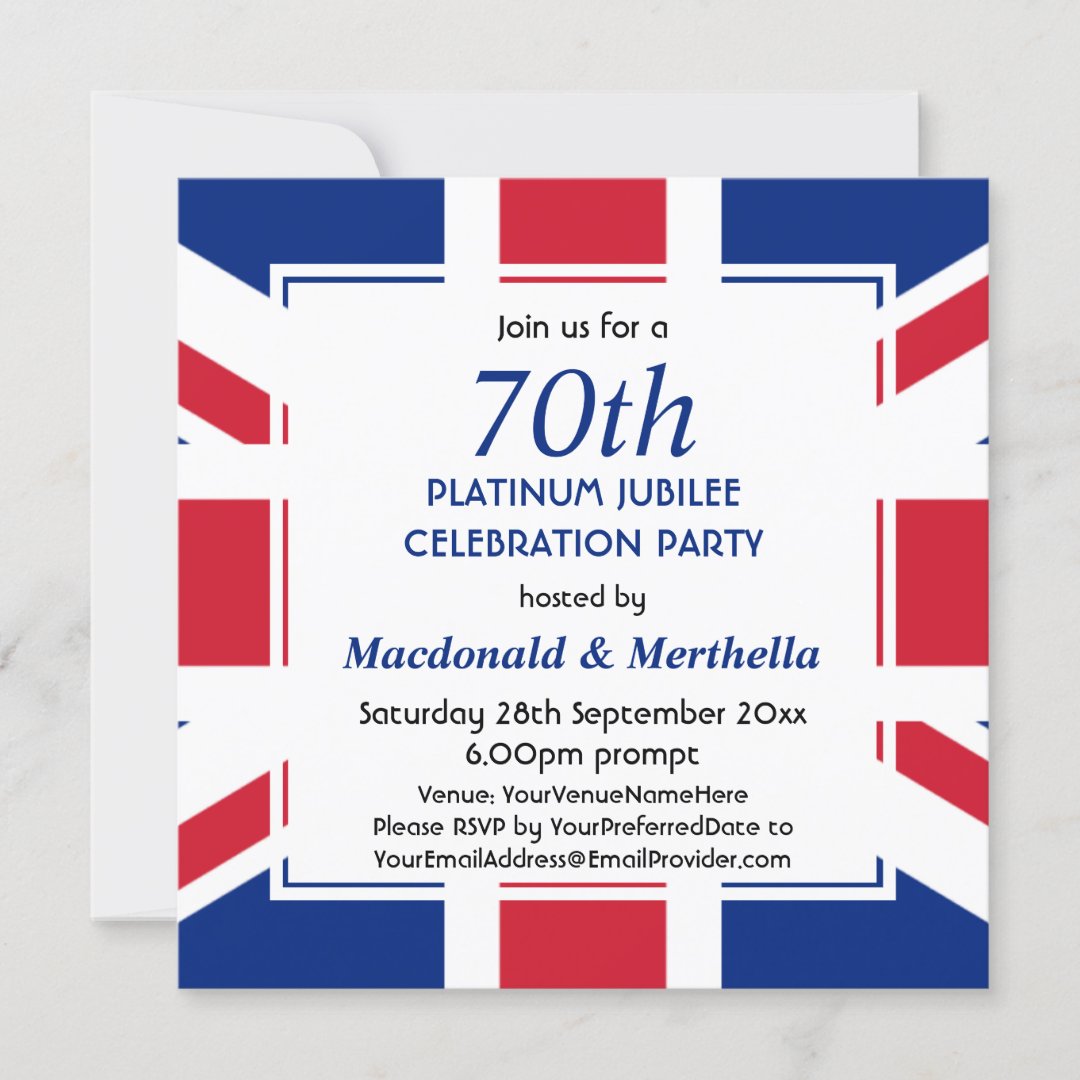 70th Platinum Celebration UNION JACK Invitation | Zazzle