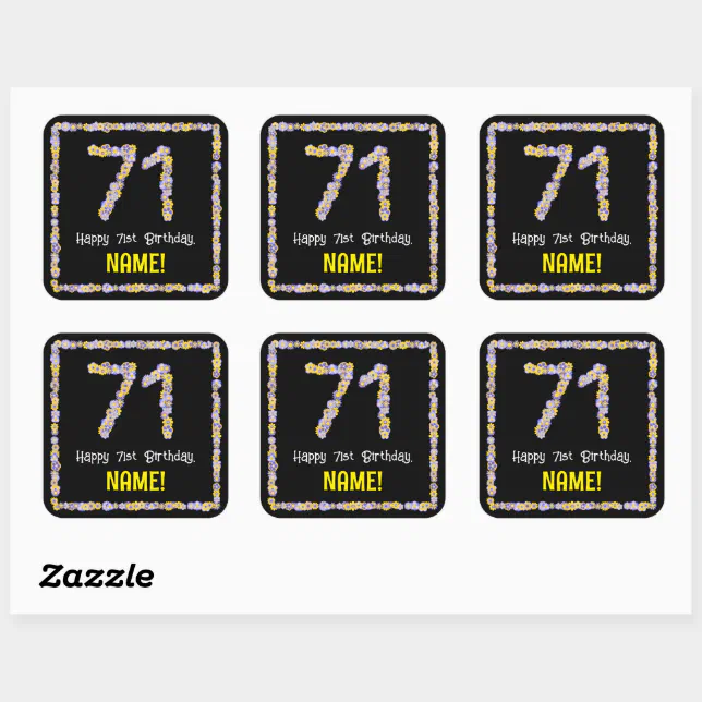 71st Birthday: Floral Flowers Number, Custom Name Square Sticker | Zazzle