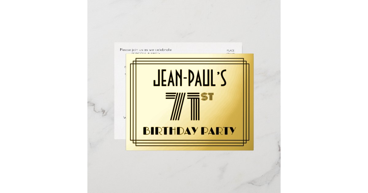 71st Birthday Party ~ Art Deco Style “71” + Name Foil Invitation ...
