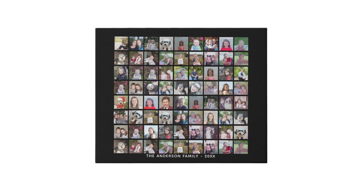 72 Square Photo Collage Grid with Text - black Faux Canvas Print | Zazzle