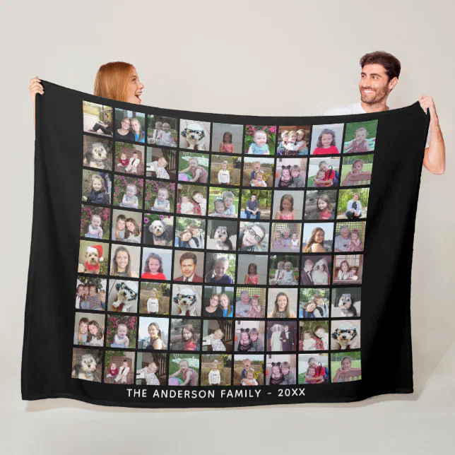 72 Square Photo Collage Grid with Text - black Fleece Blanket | Zazzle