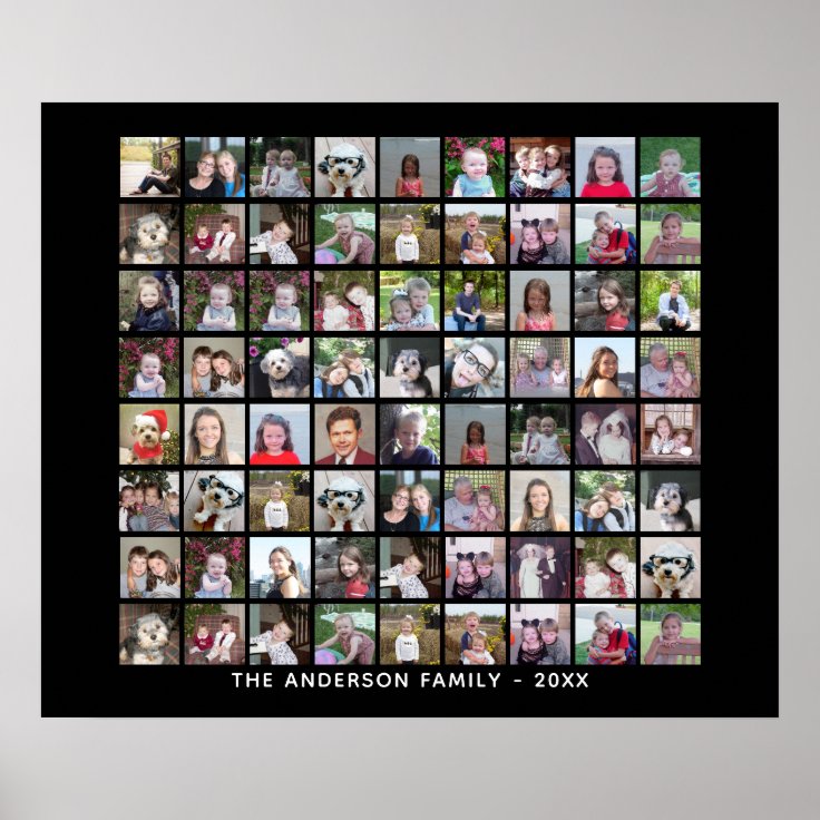 72 Square Photo Collage Grid with Text - black Poster | Zazzle