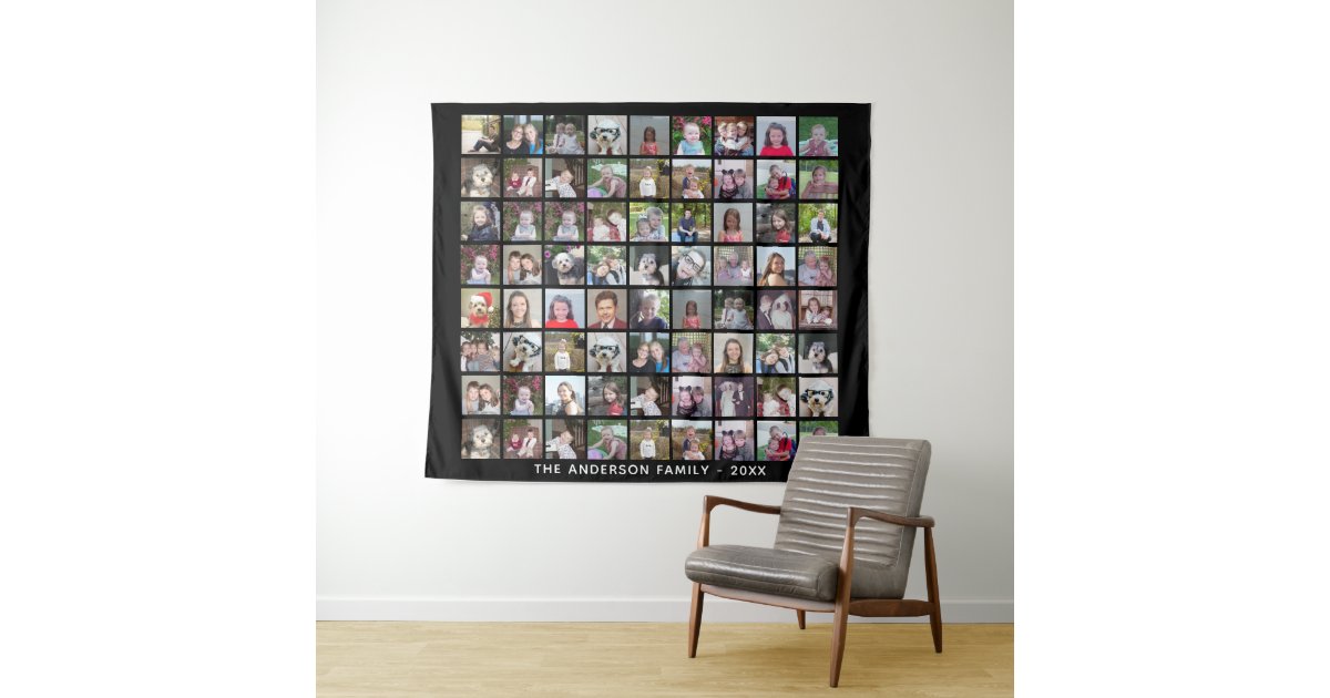 72 Square Photo Collage Grid with Text - black Tapestry | Zazzle
