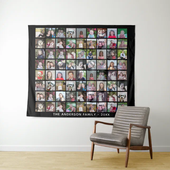 72 Square Photo Collage Grid with Text - black Tapestry | Zazzle