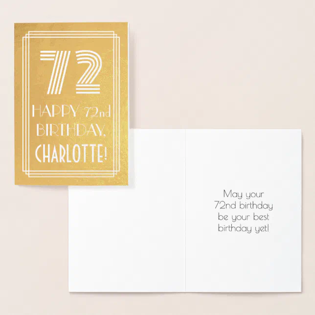 72nd Birthday – Art Deco Inspired Look "72" + Name Foil Card | Zazzle