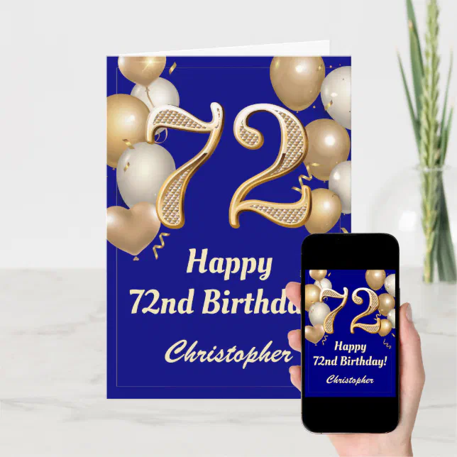 72nd Birthday Navy Blue and Gold Balloons Confetti Card | Zazzle