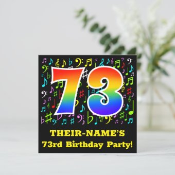 73rd Birthday Party: Fun Music Symbols, Rainbow 73 Invitation | Zazzle