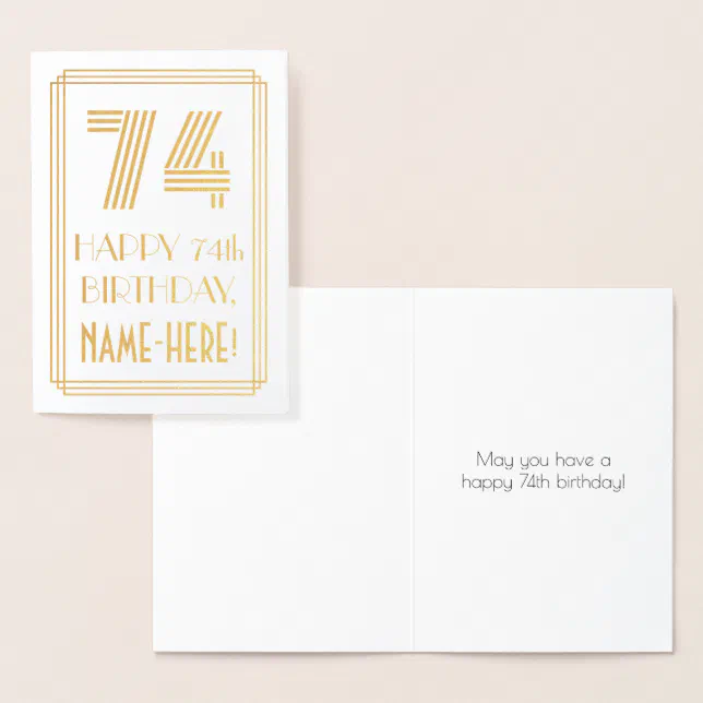 74th Birthday - Art Deco Inspired Look "74" & Name Foil Card | Zazzle