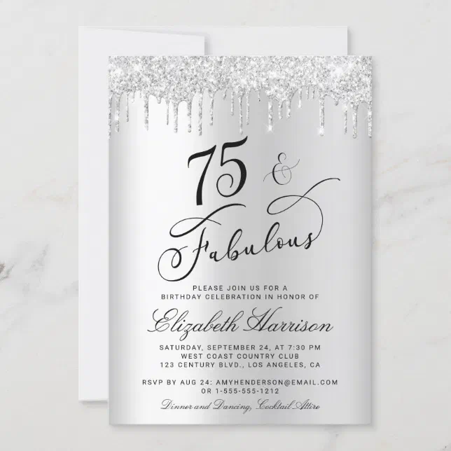 75 And Fabulous Silver Glitter Birthday Party Invitation | Zazzle