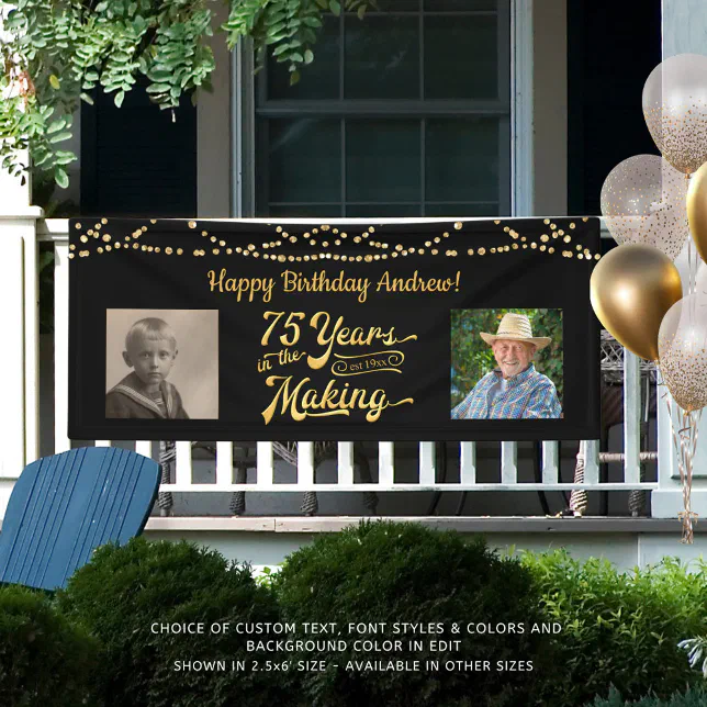 75th Birthday Black Gold String Lights Retro Photo Banner | Zazzle