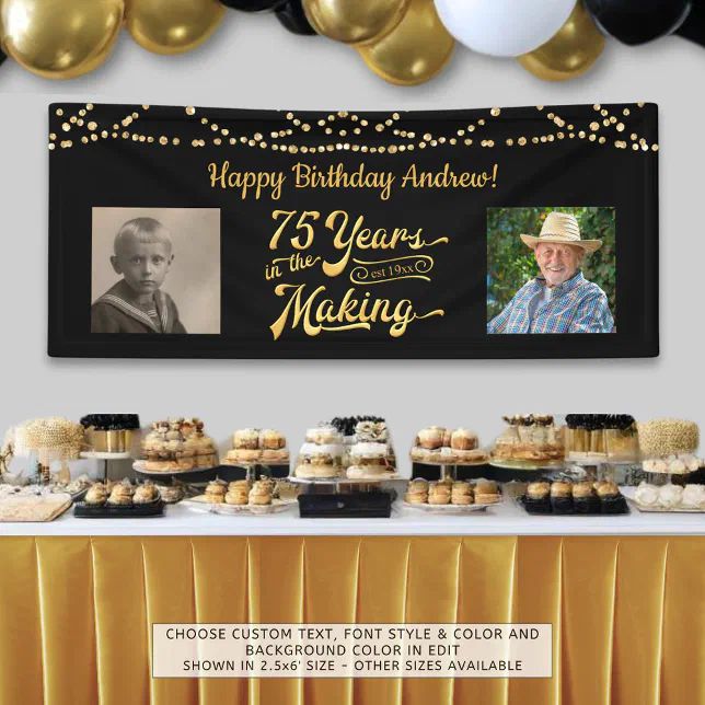 75th Birthday Black Gold String Lights Retro Photo Banner | Zazzle