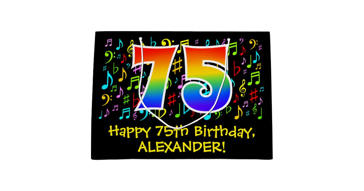75th Birthday - Colorful Music Symbols, Rainbow 75 Large Gift Bag | Zazzle