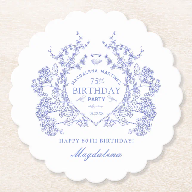 75th Birthday French Blue Floral Crest Custom Paper Coaster | Zazzle