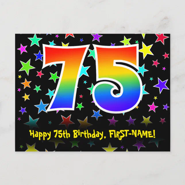 75th Birthday: Fun Stars Pattern, Rainbow 75, Name Postcard | Zazzle