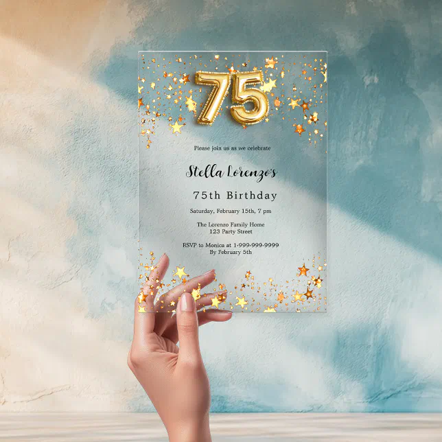 75th birthday gold stars clear acrylic invitations | Zazzle